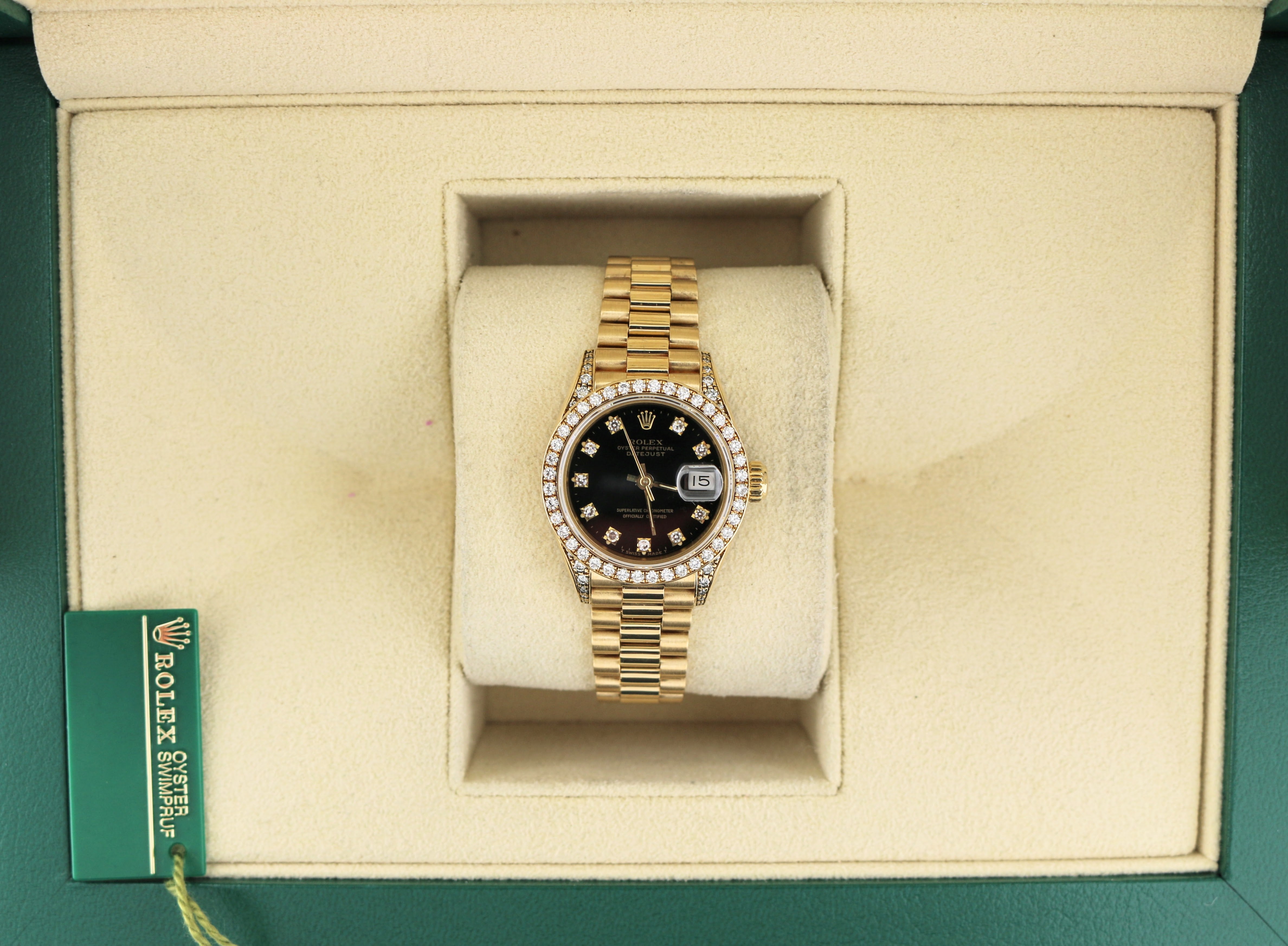 1990 Rolex Lady Datejust 69158 Black Diamond Dial Bezel and lugs Presi ...